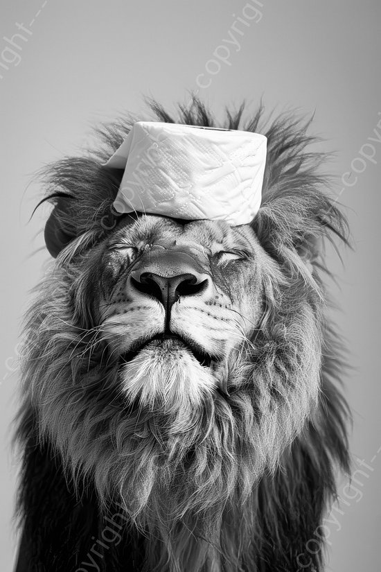 K&C Art (Aluminium schilderij) 40x60cm | Leeuw met wc-rol op zijn kop ...