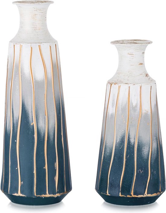 Grote metalen vazen - blauw wit Ocean Style vaas set van 2 moderne hoge ...