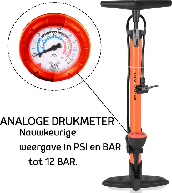 Fietspomp met drukmeter 12 Bar Inclusief Adapters Voor Verschillende ...