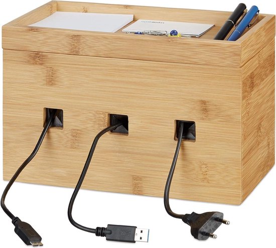 Bamboo Cable Management Box - HxWxD 16.5 x 25.5 x 14 cm - Desk Multi ...