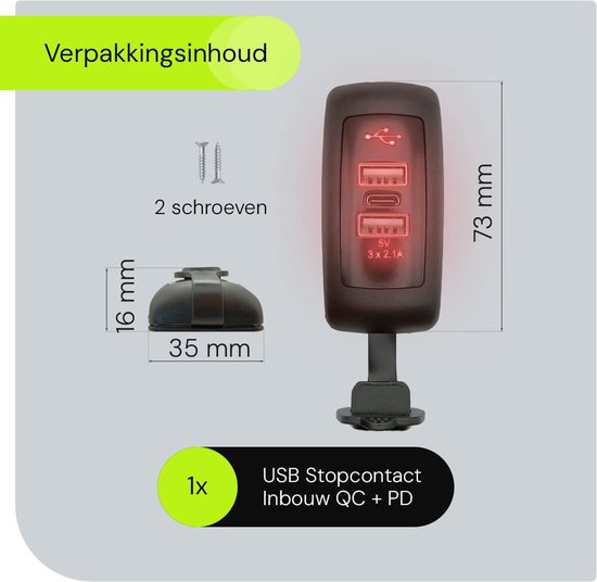 ProRide 12V USB C Autolader 3 Poorten Opbouw - 2x USB A + USB C ...