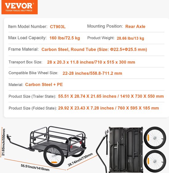 Opvouwbare Fietskar - Fiets Aanhangwagen - Grote Capaciteit - 72,5 kg ...