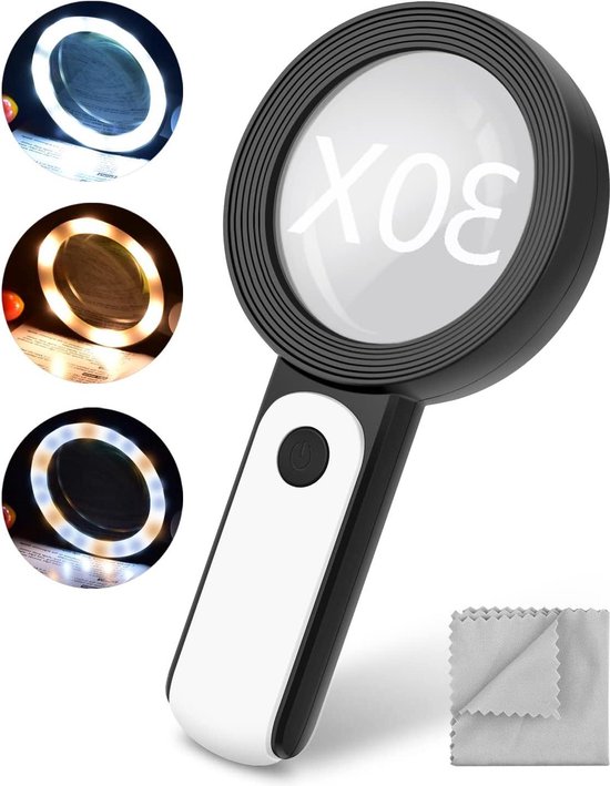 30-Voudige Vergrootglas met Licht en Dubbele Glazen Lens - 18 Leds en 3 ...