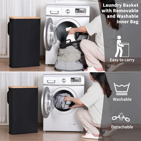 Wasmand Hoge 60 Liter Met Deksel En Handvat - Opvouwbare Wasmand Met Binnenzak -... | bol