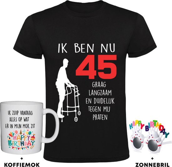 45 jaar Heren T-shirt + Koffiemok + Happy birthday bril - 45e ...