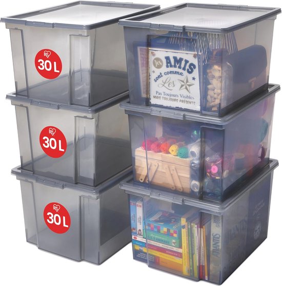 Set van 6 stapelbare opbergdozen met deksel - 30L, voor garage ...