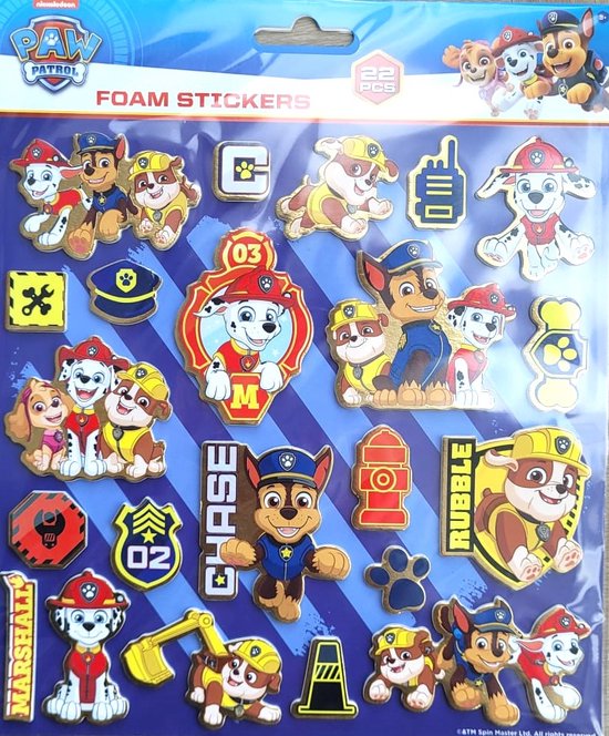 PAW PATROL FOAM STICKER SET - 22 STICKERS - MARSHALL RUBBLE CHASE SKYE ...