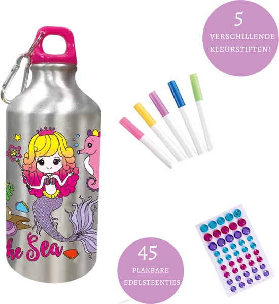 Kiddel Prinsessen DIY Waterfles Kind – Inkleurbare Drinkfles met ...