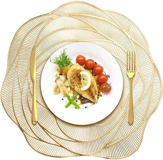 Ronde gouden placemats - Set van 6 - 35 cm - Roze bloem ...