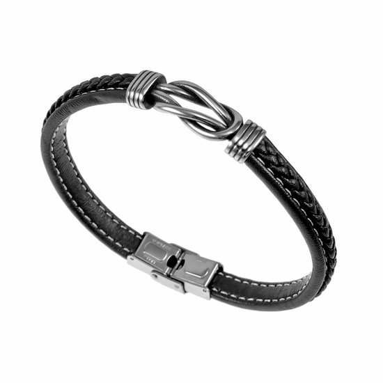 Armband Heren - Zwarte Leren - Stalen Zilverkleur - Symbool ...