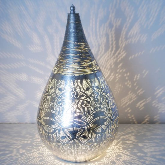 Oosterse metalen tafellamp Filigrain Druppel | 1 lichts | zilver ...