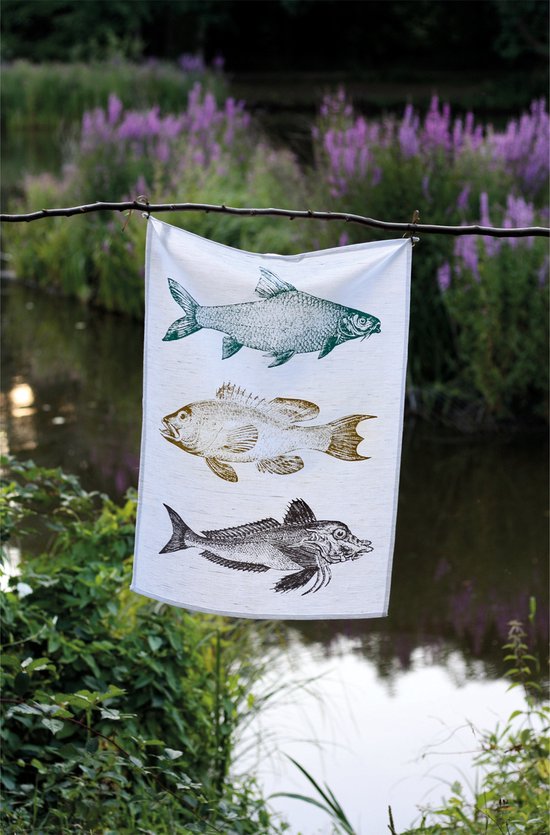 Halflinnen theedoek met drie vissen van Frohstoff | bol