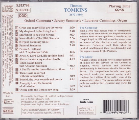 Choral and organ music - Thomas Tomkins - Oxford Camerata o.l.v. Jeremy ...