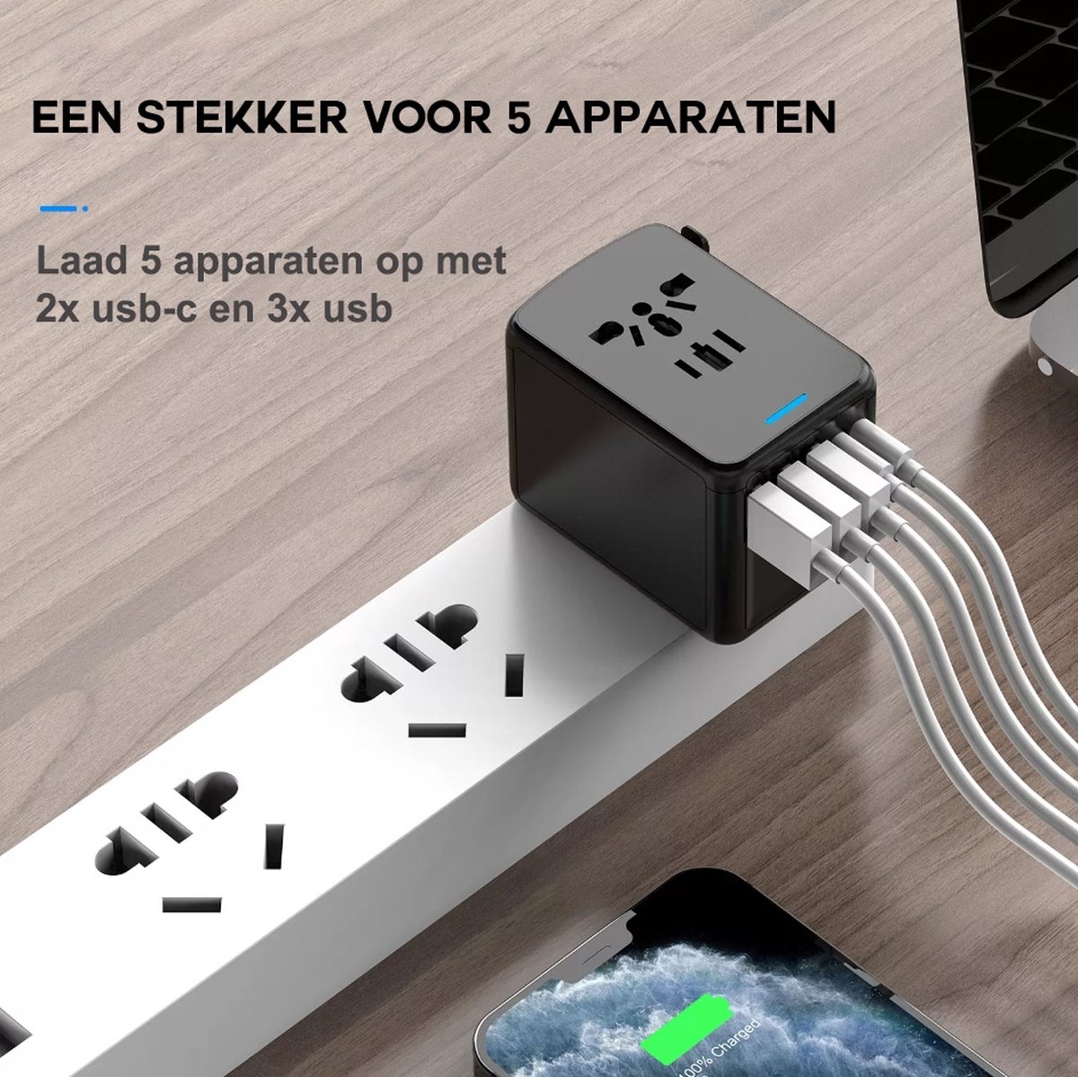 TravelHawk Universele Wereldstekker met 2x Fastcharge USB-C en 3 USB ...