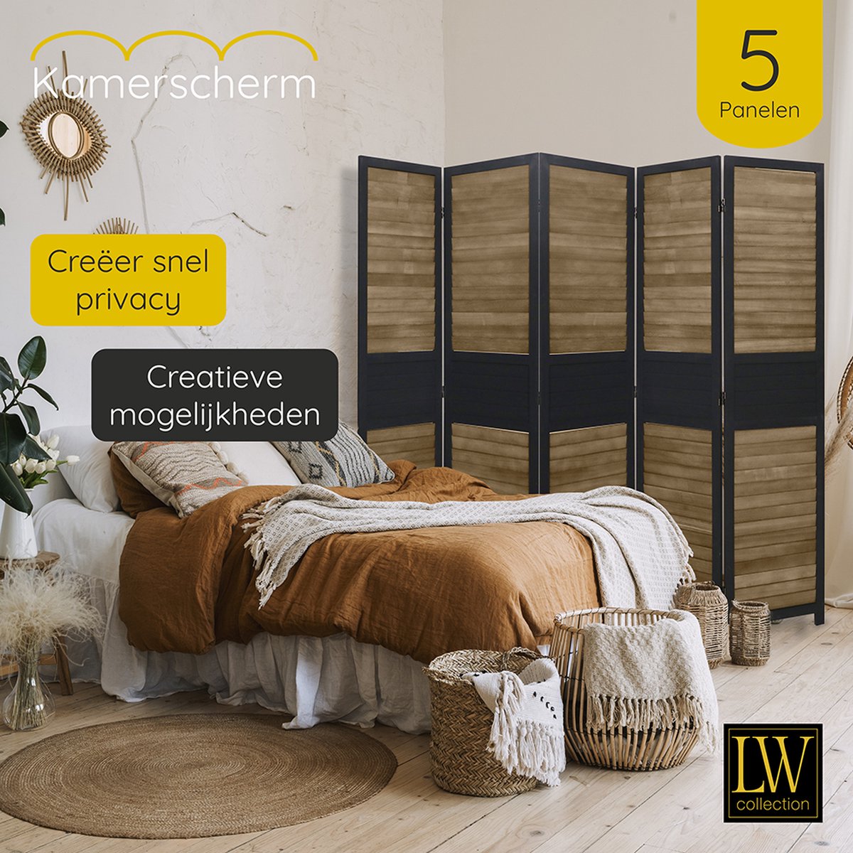 LW Collection Kamerscherm Zwart bruin Hout - kamerschermen 5 panelen ...