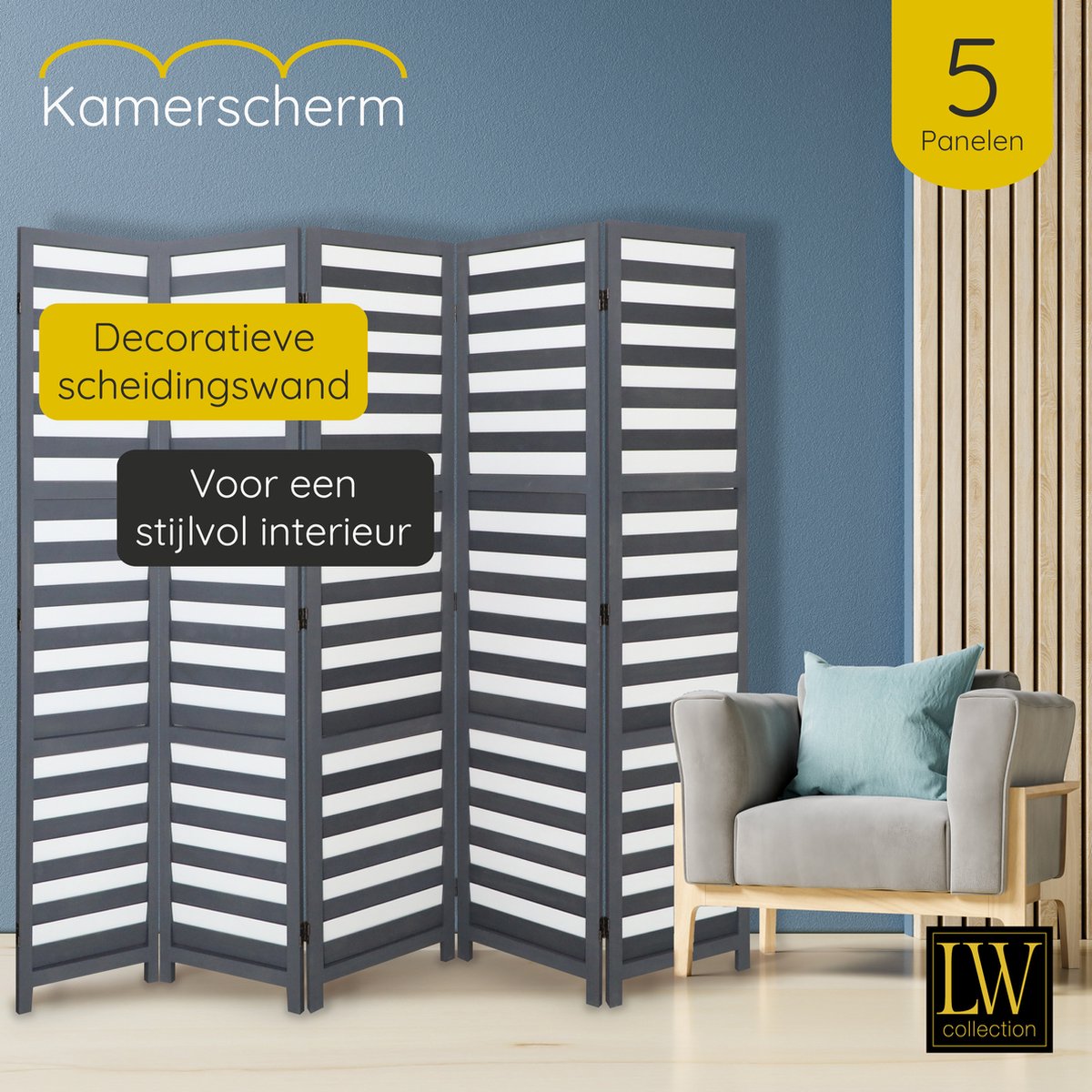 LW Collection Kamerscherm hout grijs/wit / kamerschermen hout 5 panelen ...