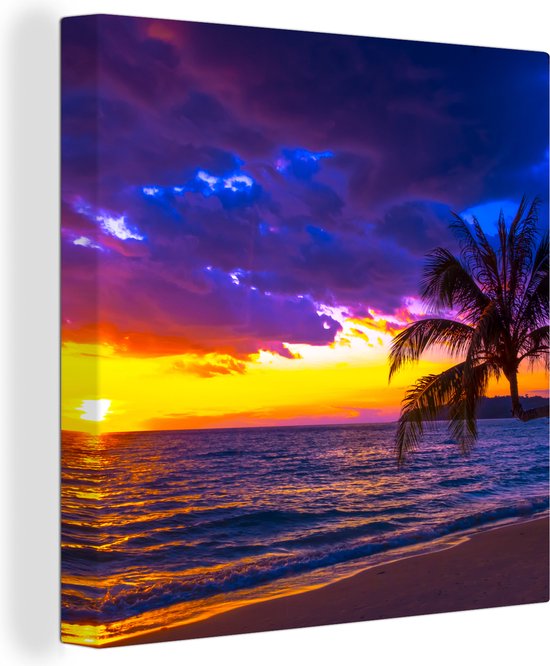 Canvas schilderij - Zonsondergang - Paars - Zee - Palmboom - Schilderijen op canvas -... | bol