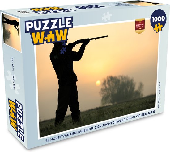 Puzzle Silhouette d'un chasseur braquant son fusil de chasse sur un ...