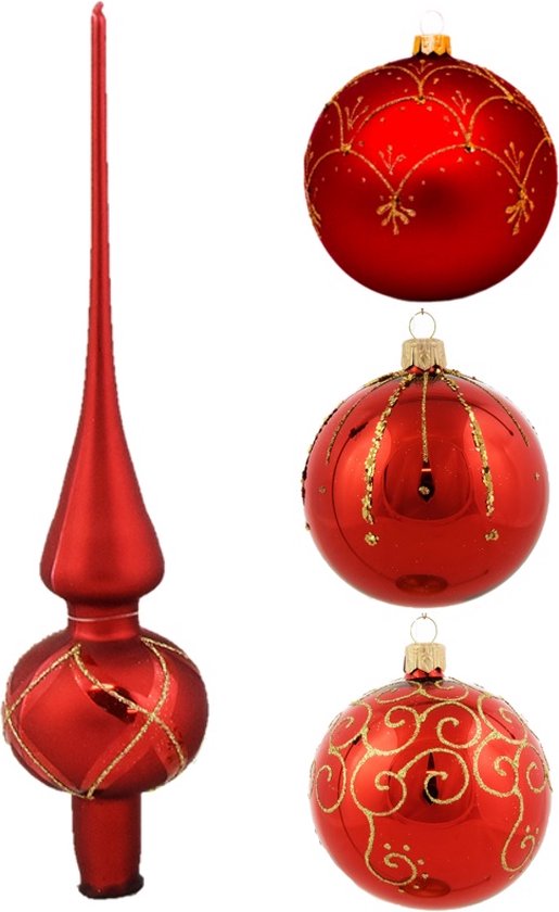 Pakket 10-delig: met 1 Rode Kerstboom Piek en 9 Rode Kerstballen met ...