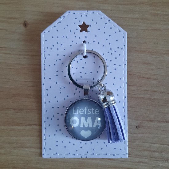 Sleutelhanger met teksthanger Liefste Oma grijs / lila | bol