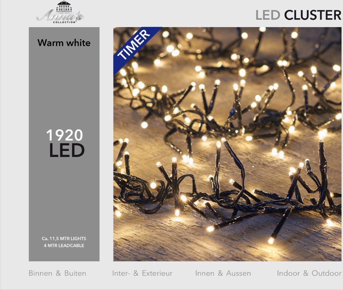 Cluster lights 1920l/11.5m led warm wit - 4m aanloopsnoer zwart - b ...