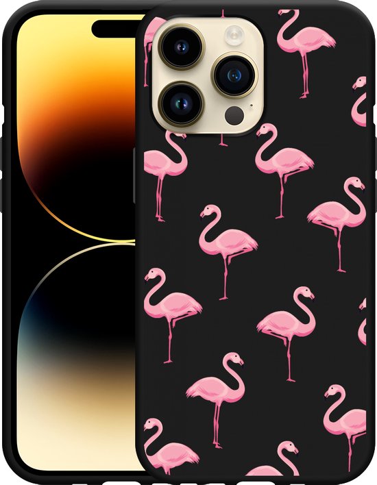 Geschikt voor Apple iPhone 14 Pro Max Hoesje Zwart Flamingo - Designed ...