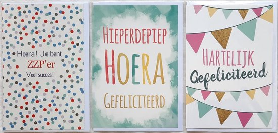 3 Wenskaarten - Hoera! Je bent ZZP'er Veel Succes! + Hartelijk ...