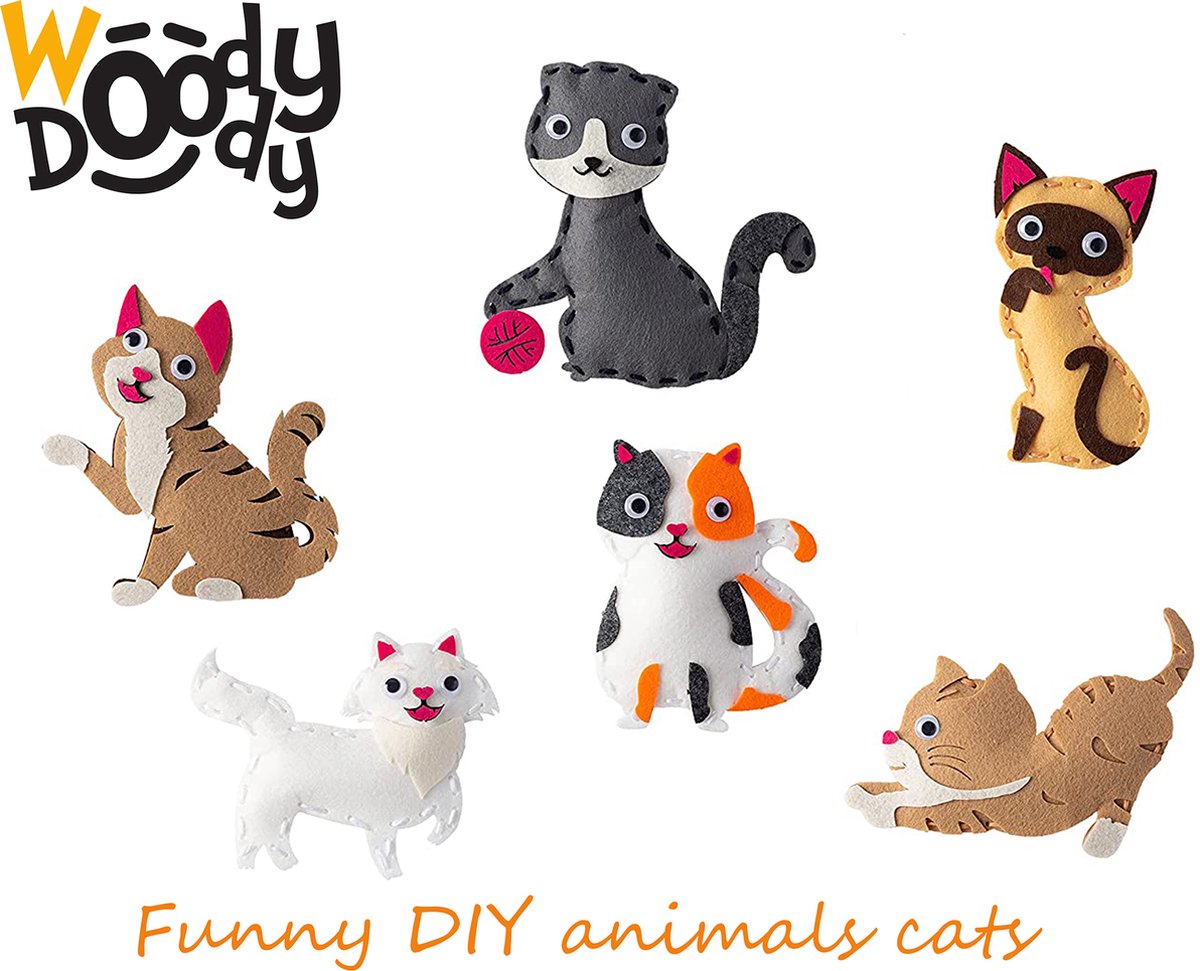 Naaitset Knutselpakket Poezen en Katten 6 stuks 20x20 cm - Knutselen ...