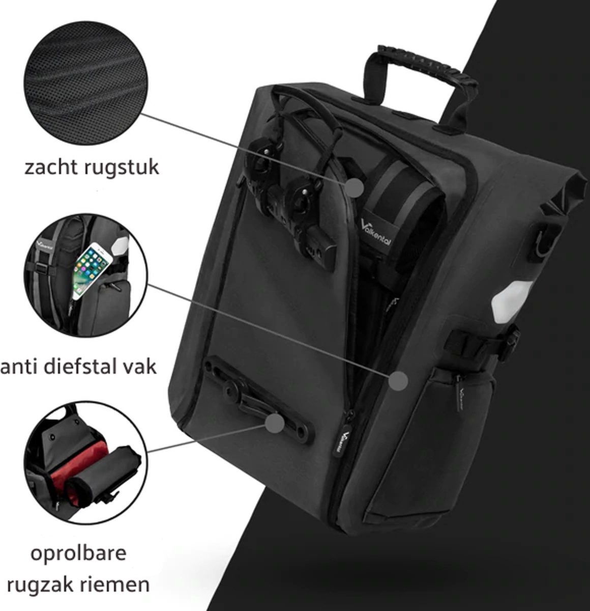 ValkPro - duurzame 3-in-1 enkele fietstas - zwart - rugzak ...