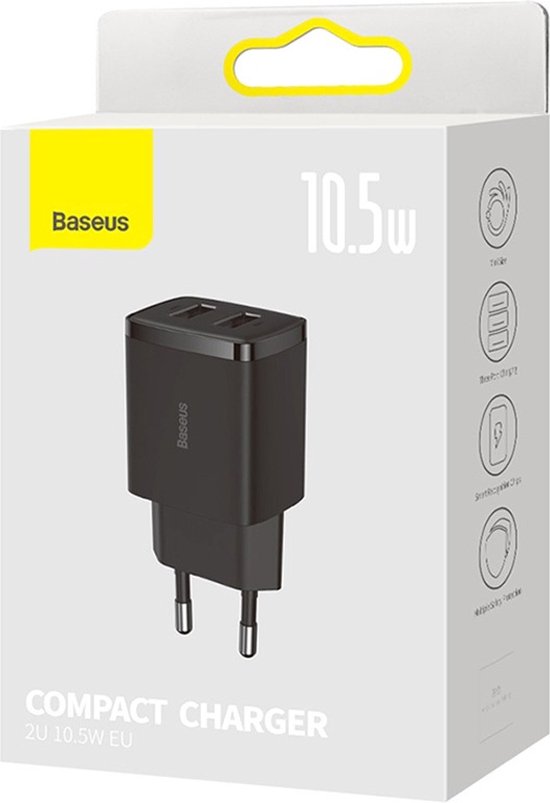 Baseus: Adapter met 2 USB Poorten - 10.5W - Zwart | bol.com
