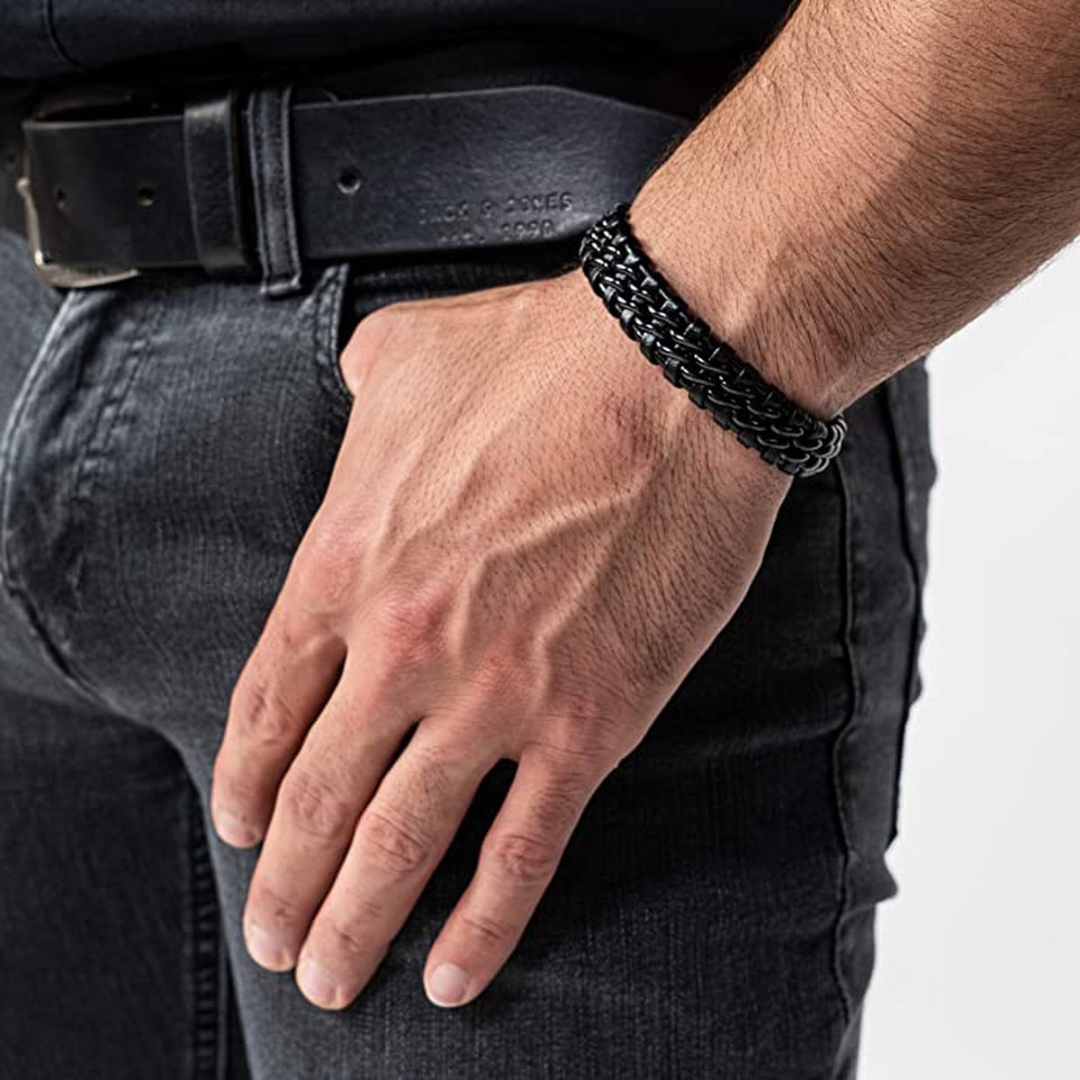 SERASAR Premium Lederen Armband Heren [Steel], Zwart 20cm, Cadeau voor ...