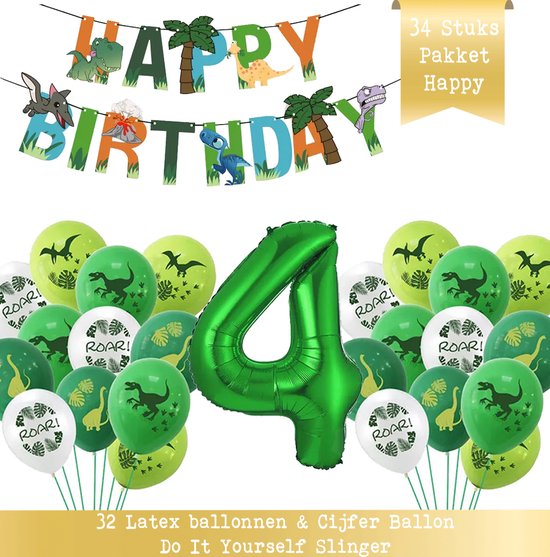 Snoes * Cijfer Ballon 4 Jaar Collor Dino 34 Stuks * Hoera 4 Jaar Snoes ...