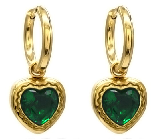 Oorbellen met Hart - Oorringen - RVS - 22 mm - Goudkleurig en Groen | bol