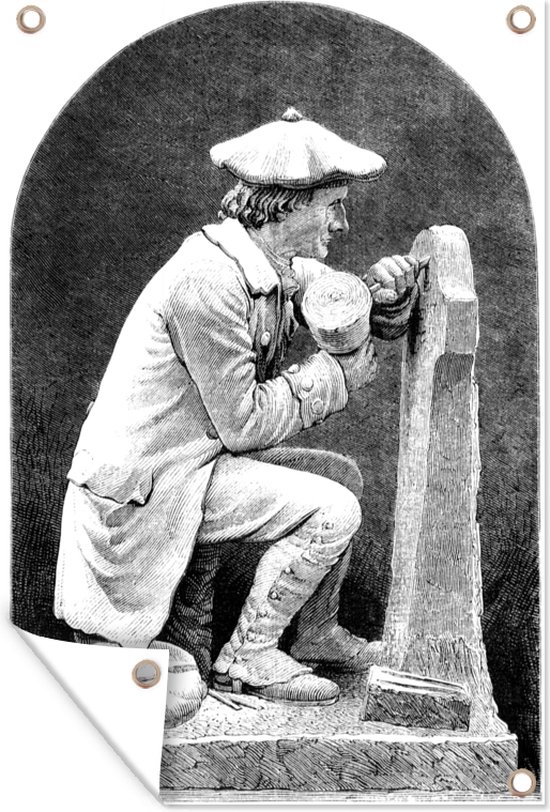 Une illustration d'un sculpteur réalisant un poster de jardin pierre ...
