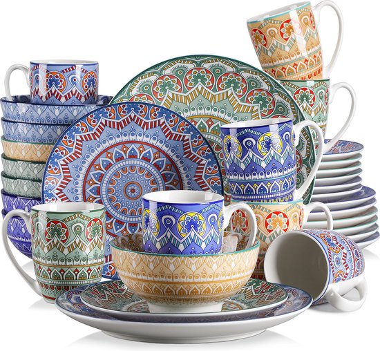 Servies Set - Mix kleur - 32 delige Boheemse Mandala patroon groen ...