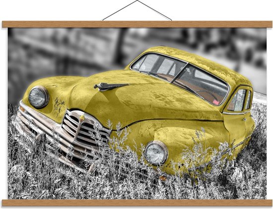 Schoolplaat – Gele Retro Auto in het Gras - 90x60cm Foto op ...