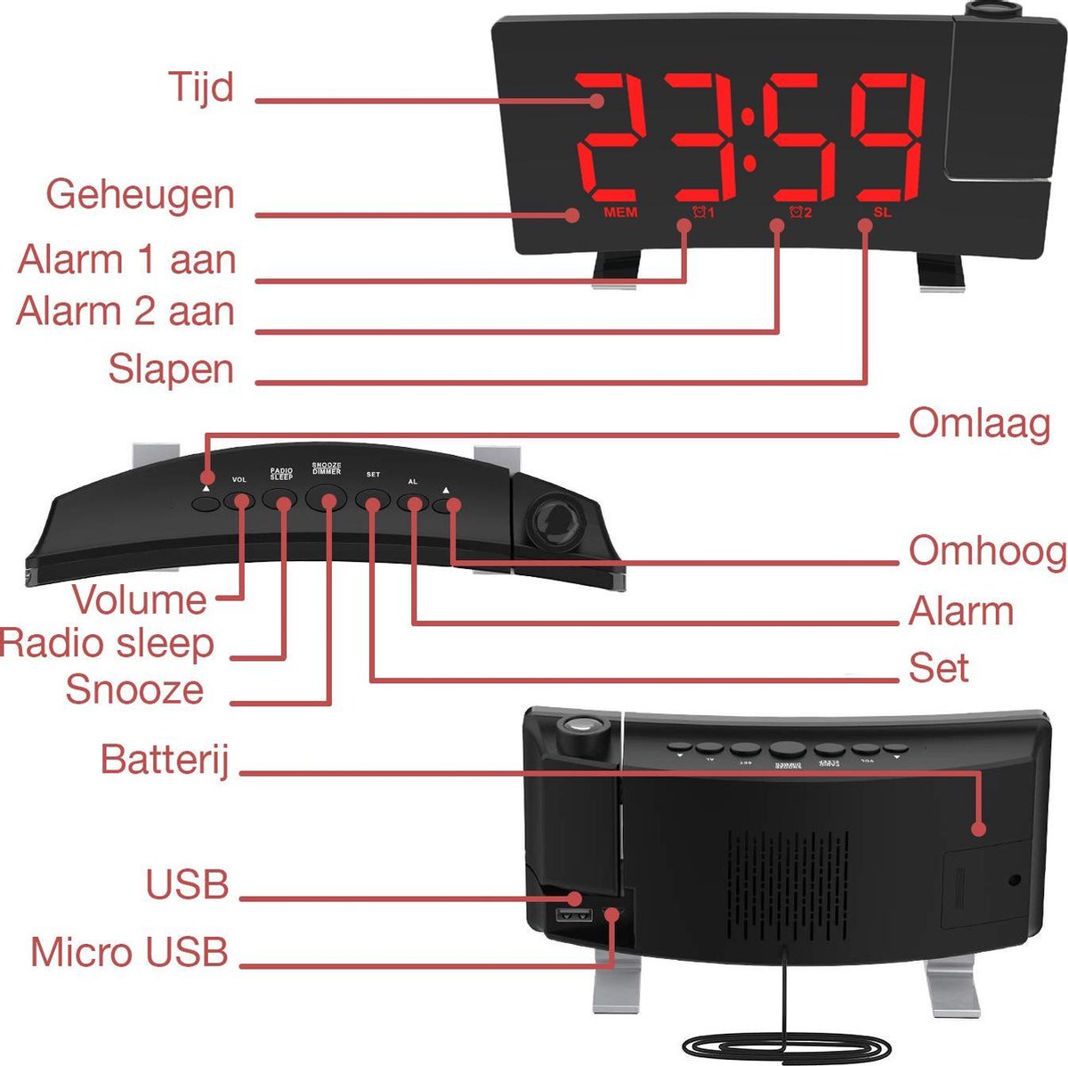 Wekker – Wekkerradio met projectie – Digitale wekker – wekkers digitaal ...