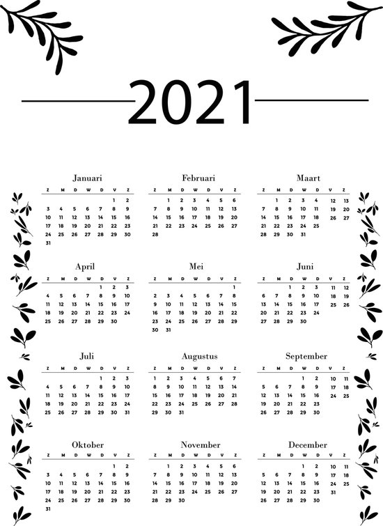 Poster Jaarkalender 2021 - Jaarplanner met zwarte bloemen ...