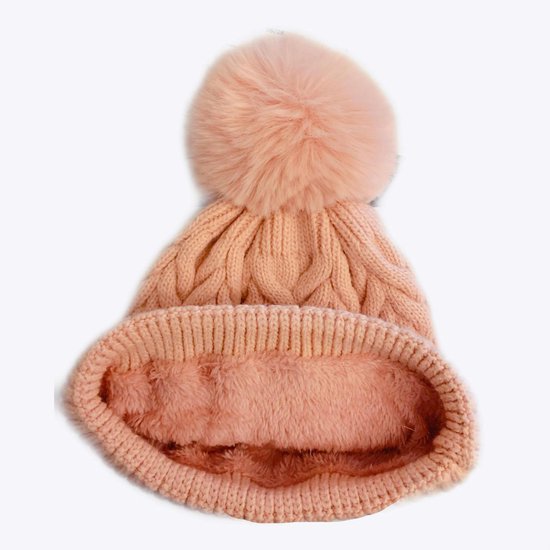 Warme Trendy Muts met kabel en nepbont pompon roze | bol.com