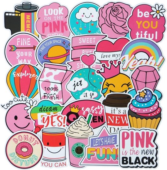 Sticker mix met roze thema - 50 stuks met teksten, regenbogen, etc ...