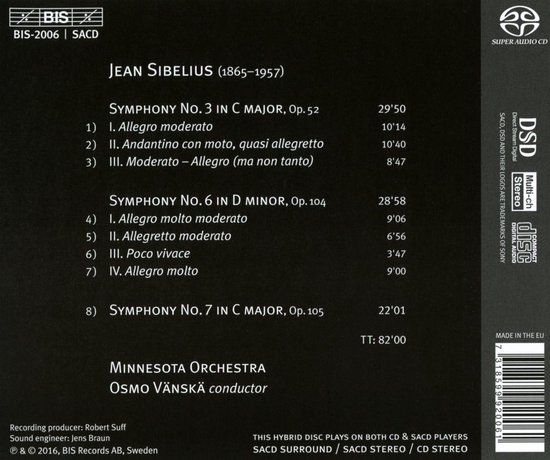 Minnesota Orchestra, Osmo Vänskä - Sibelius: Sibelius Symphonies 3, 6 & 7 (Super Audio... | bol.com