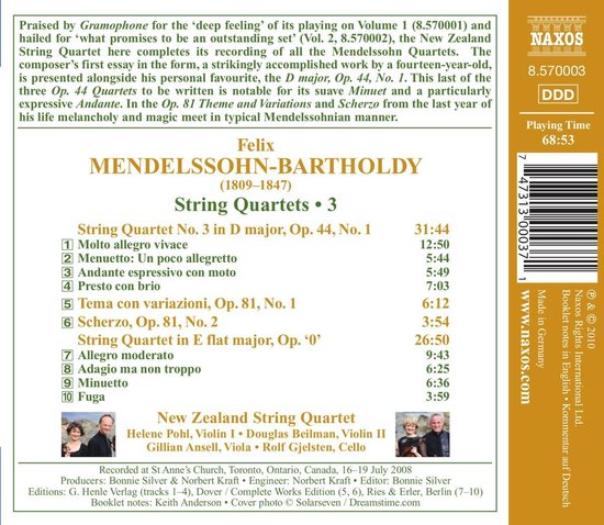 Mendelssohn: String Quartets 3, New Zealand String Quartet | CD (album) | Muziek | bol.com