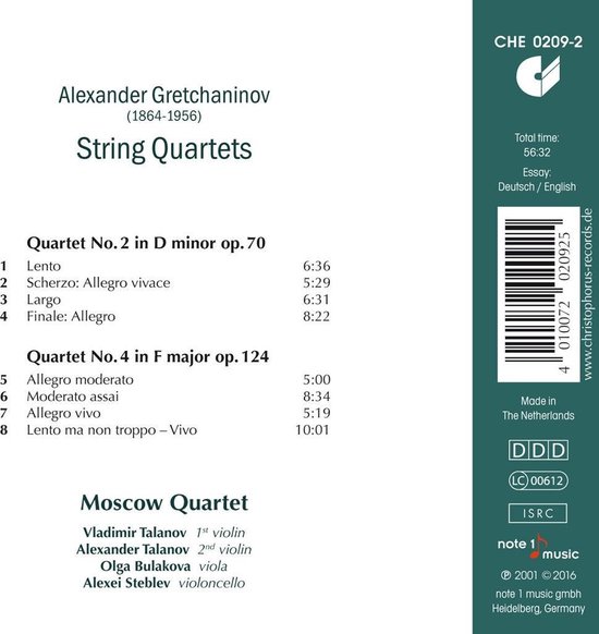 Moscow Quartet - Gretchaninov: String Quartets Nos. 2 & 4 (CD), Moscow Quartet | Muziek | bol
