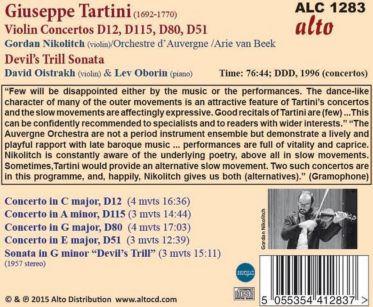 Tartini: The Devils Trill Plus Four Violin Concertos D12. D15. D80 ...