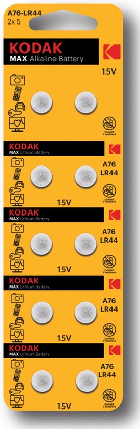 Kodak AG13/LR44/76A/V13GA/A76 1.5v Alkaline knoopcel batterij - 100 Stuks (10 Blisters... | bol.com
