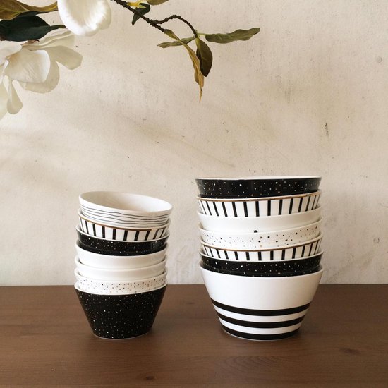 Dutch Rose Loft Set 4 Zwart-Wit Kommen Streep 14 cm | bol.com