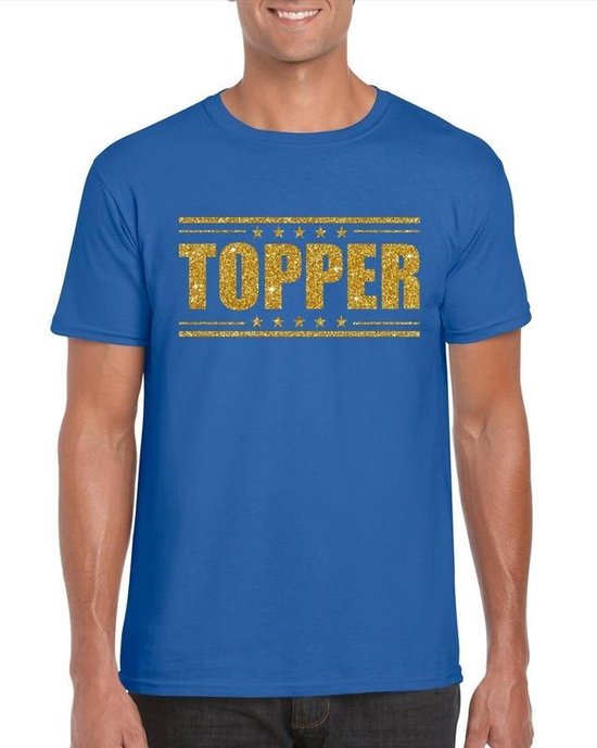 Toppers Blauw Topper shirt in gouden glitter letters heren - Toppers ...