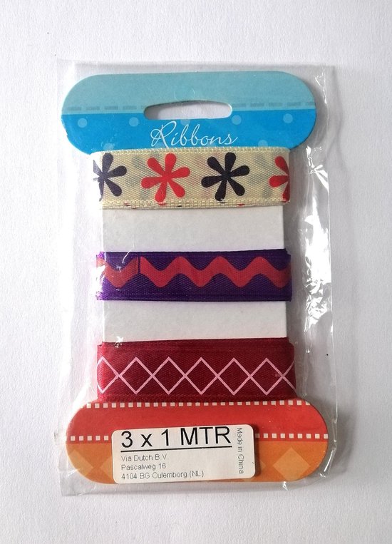 Ribbons, lint, 3 x 1 meter, Creme Paars Rood met bloemen ruitjes enz | bol