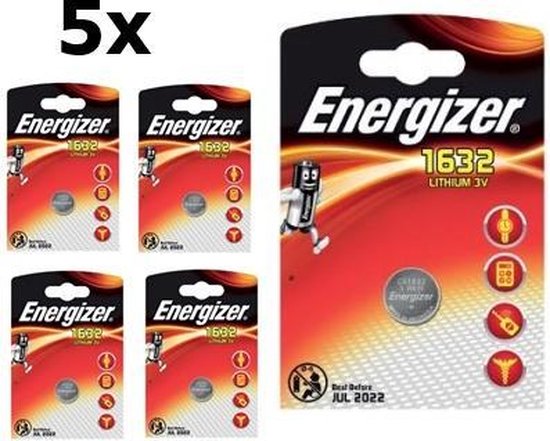 5 Stuks ( 5 Blister ) Energizer CR1632 125mAh 3V Lithium Knoopcel Batterij | bol.com