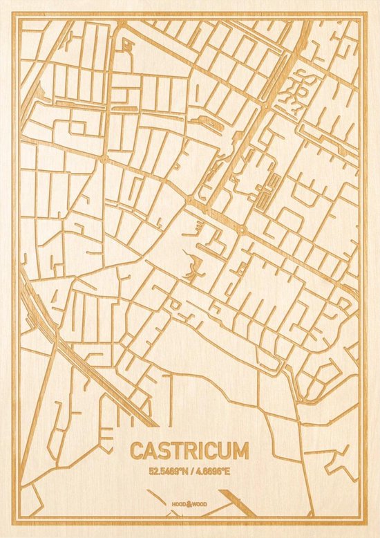 Kaart Castricum - Gegraveerde stadskaart Hood&Wood - Hout, A4 | bol.com